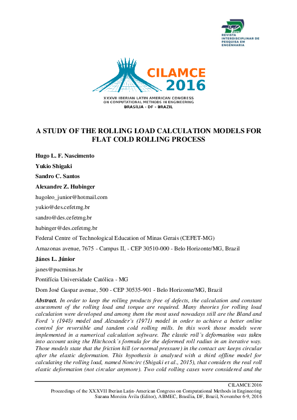 (PDF) A Study of the Rolling Load Calculation Models for Flat Cold Rolling Process