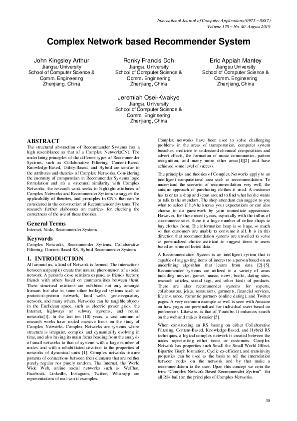(PDF) Complex Network based Recommender System