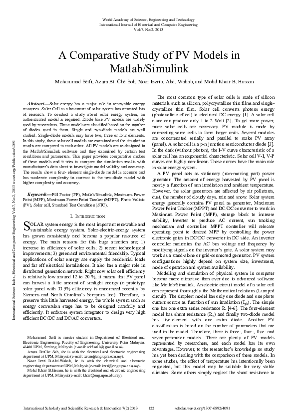 (PDF) A Comparative Study Of Pv Models In Matlab/Simulink