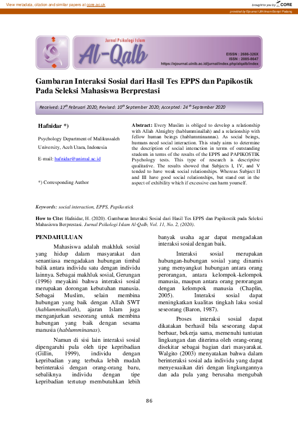 (PDF) Gambaran Interaksi Sosial Dari Hasil Tes Epps Dan Papikostik Pada ...