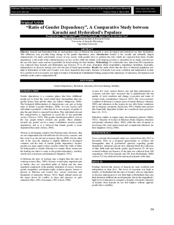 (PDF) Ratio of Gender Dependency", a Comparative Study between Karachi and Hyderabad's Populace