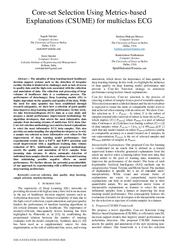 (PDF) Core-set Selection Using Metrics-based Explanations (CSUME) for multiclass ECG