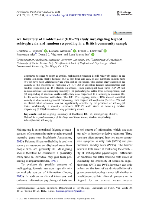 (PDF) An Inventory of Problems–29 (IOP–29) study investigating feigned ...