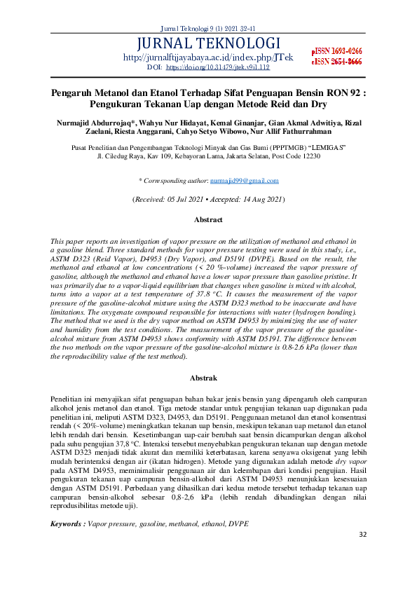 (PDF) Pengaruh Metanol Dan Etanol Terhadap Sifat Penguapan Bensin Ron ...