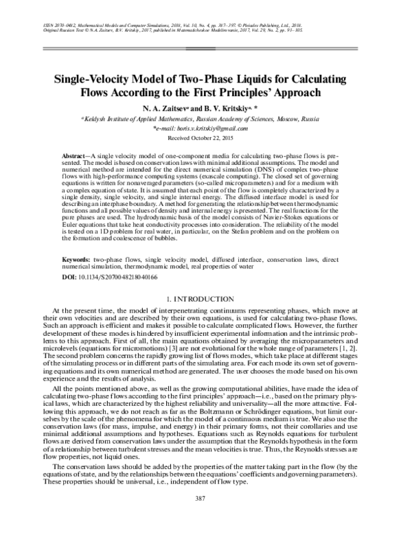 (PDF) Single-Velocity Model of Two-Phase Liquids for Calculating Flows According to the First ...