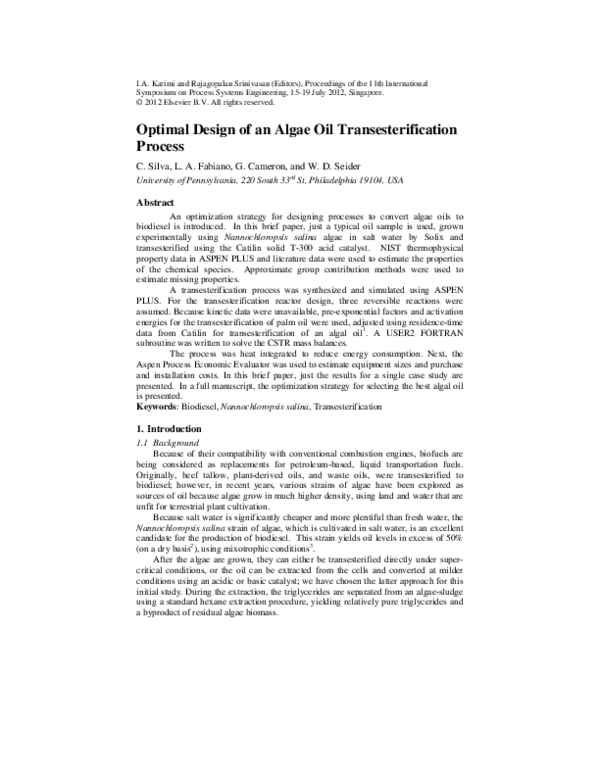 (PDF) Optimal Design of an Algae Oil Transesterification Process