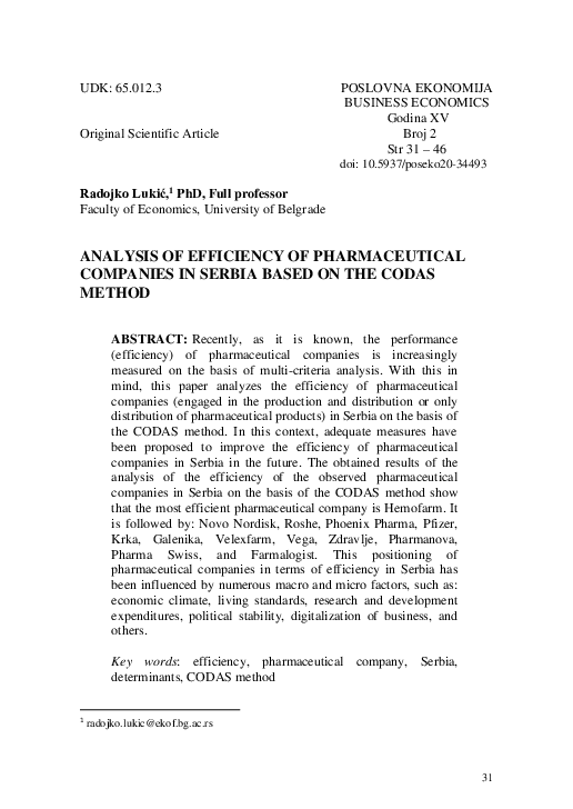(PDF) Analysis of efficiency of pharmaceutical companies in Serbia based on the CODAS method