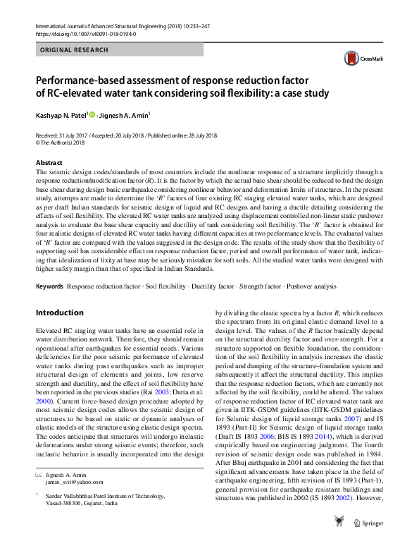(PDF) Performance-based assessment of response reduction factor of RC-elevated water tank ...