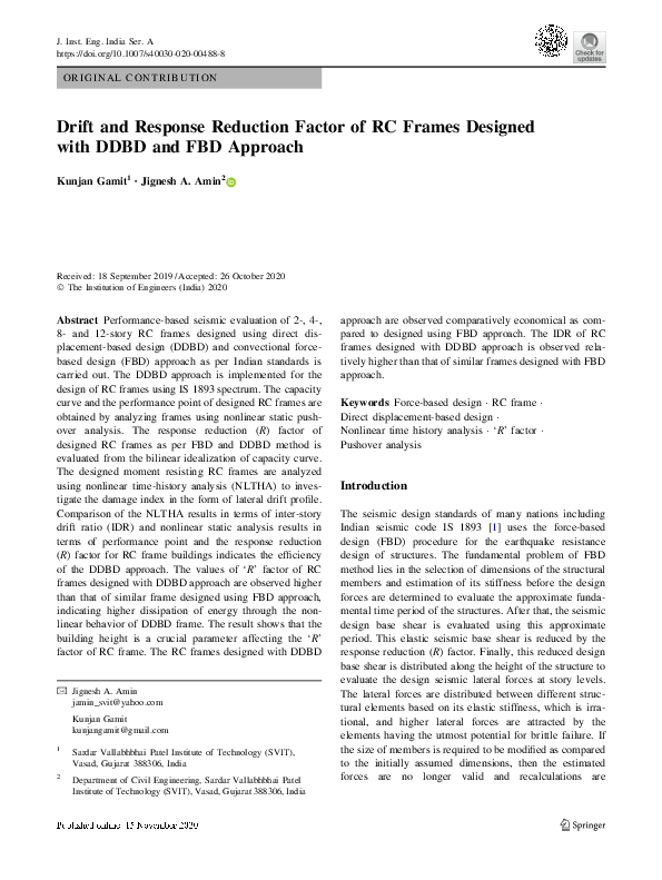 Pdf Drift And Response Reduction Factor Of Rc Frames Designed With Ddbd And Fbd Approach