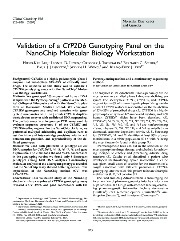 (PDF) Validation of a CYP2D6 Genotyping Panel on the NanoChip Molecular Biology Workstation