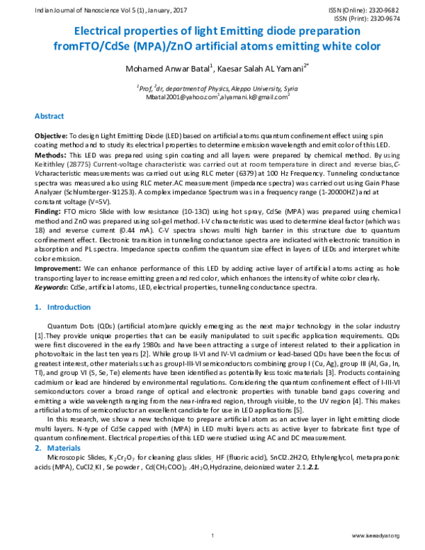 (PDF) Electrical Properties of Light Emitting Diode Preparation From FTO/CdSe (MPA)/ZnO ...
