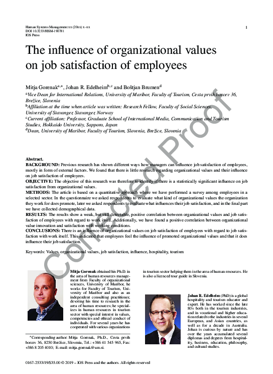 (PDF) The influence of organizational values on job satisfaction of ...