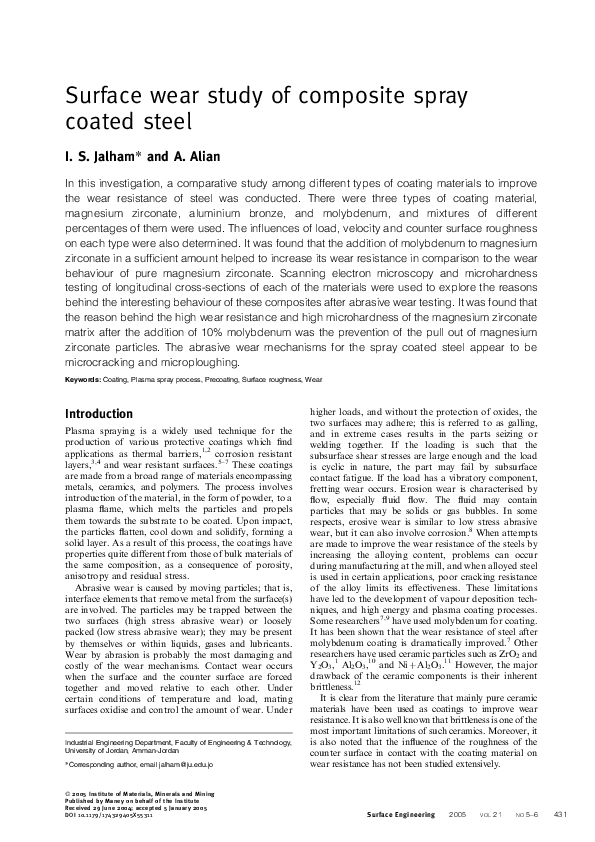 (PDF) Surface wear study of composite spray coated steel