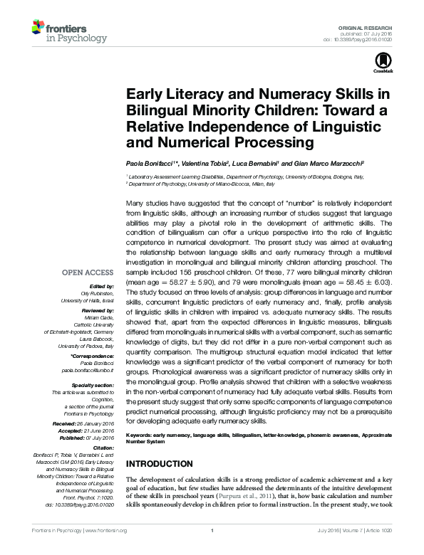 (PDF) Early Literacy and Numeracy Skills in Bilingual Minority Children: Toward a Relative ...