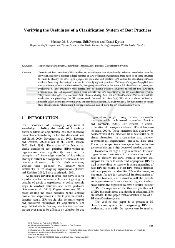(PDF) Verifying the Usefulness of a Classification System of Best Practices