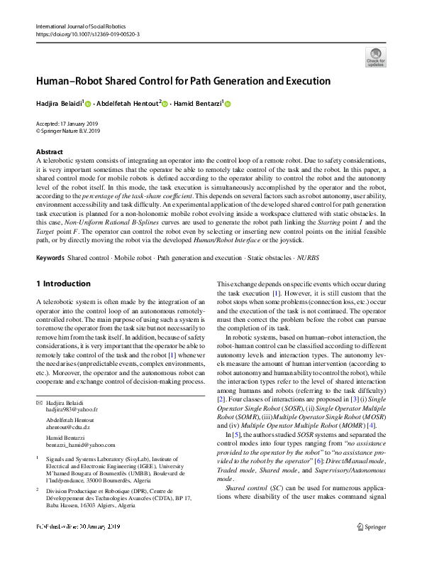 (PDF) Human–Robot Shared Control for Path Generation and Execution