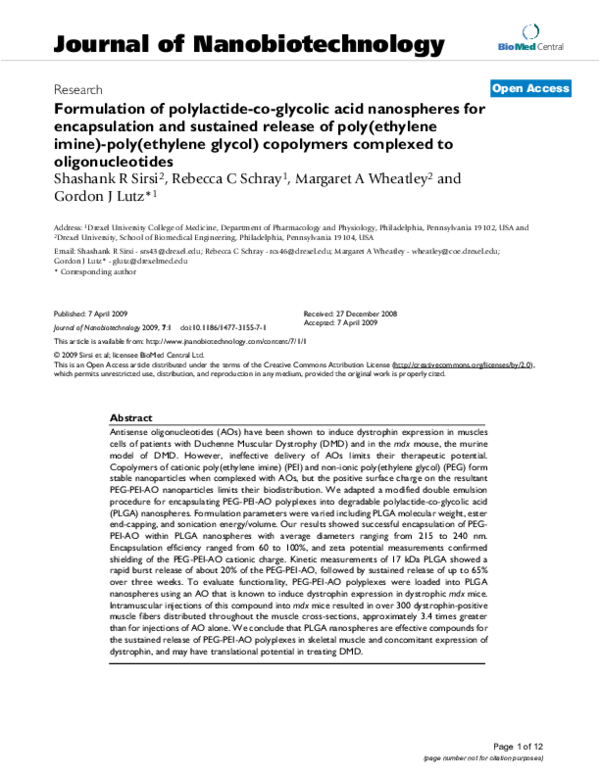 (PDF) Formulation of polylactide-co-glycolic acid nanospheres for encapsulation and sustained ...