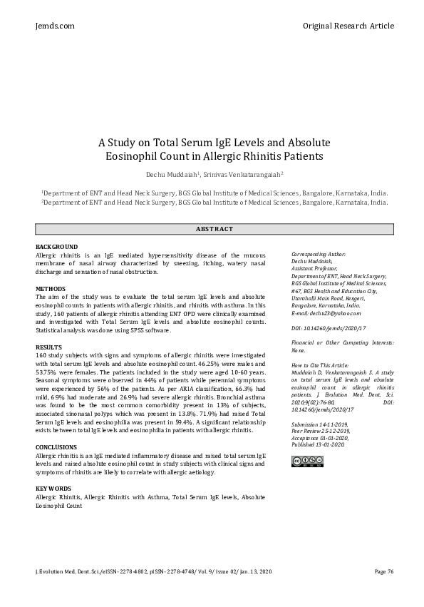 (PDF) A Study on Total Serum IgE Levels and Absolute Eosinophil Count in Allergic Rhinitis Patients