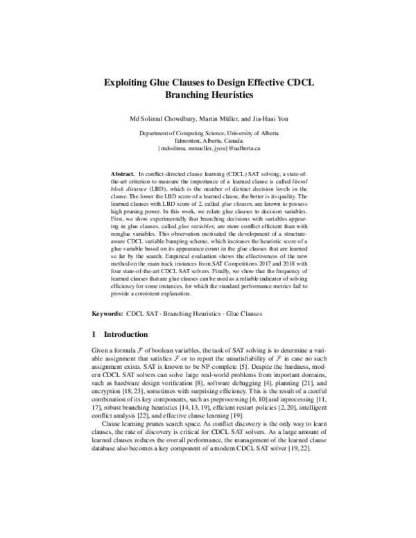 (PDF) Exploiting Glue Clauses to Design Effective CDCL Branching Heuristics | Solimul Chowdhury ...