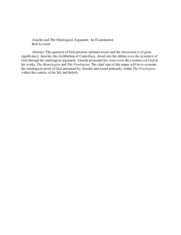 (PDF) Anselm and The Ontological Argument: An Examination Rob Leverett