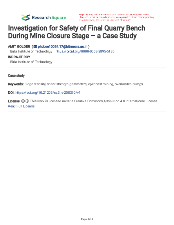 (PDF) Safety Analysis of Quarry Bench in Mine Closure