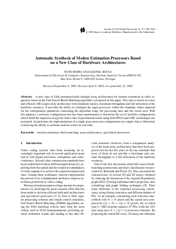 Pdf Automatic Synthesis Of Motion Estimation Processors Based On A
