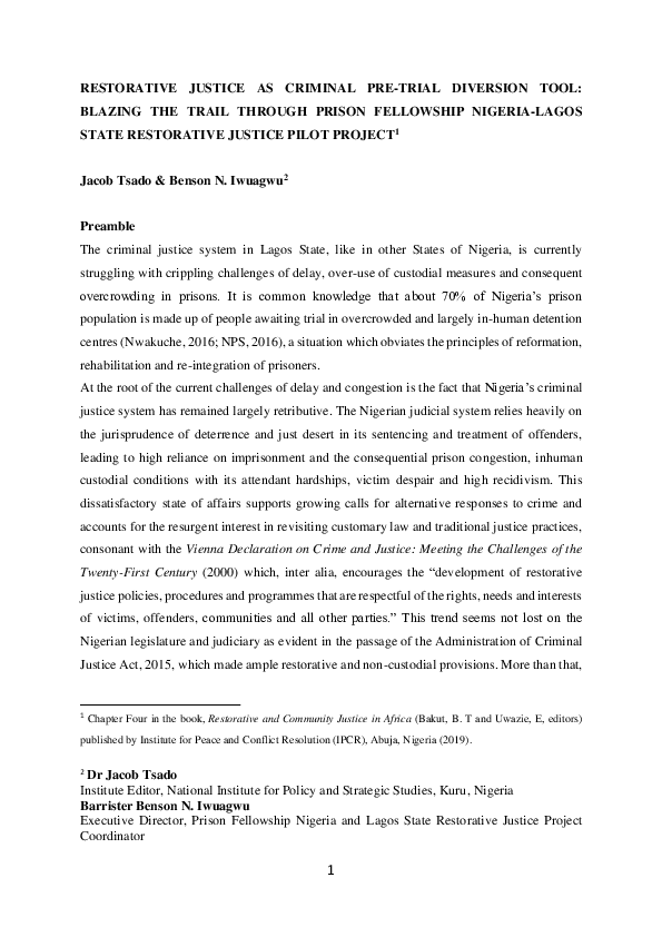 (PDF) RESTORATIVE JUSTICE AS CRIMINAL PRE-TRIAL DIVERSION TOOL | Jacob Tsado - Academia.edu