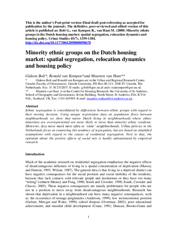 (PDF) Minority Ethnic Groups in the Dutch Housing Market: Spatial ...