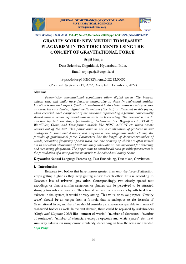 (PDF) Gravity Score: New Metric to Measure Plagiarism in Text Documents using the Concept of ...