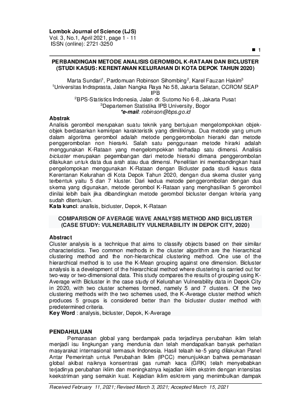 (PDF) Perbandingan Metode Analisis Gerombol K-Rataan Dan Bicluster