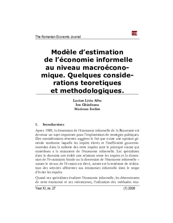 (PDF) Modèle d’estimation de l’économie informelle au niveau ...