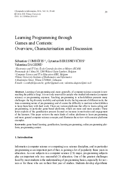 Learning Programming Through Games And Contests Overview Characterisation And Discussion