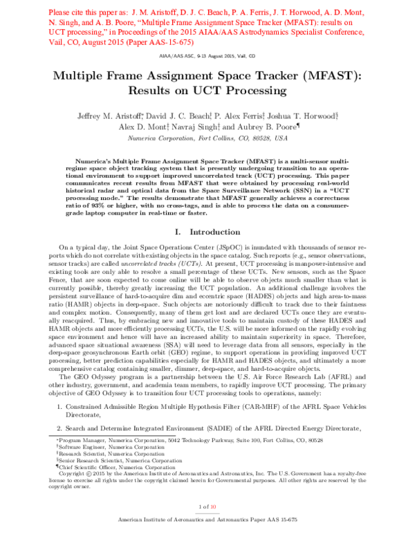 (PDF) Multiple Frame Assignment Space Tracker ( MFAST ) : Results on UCT Processing