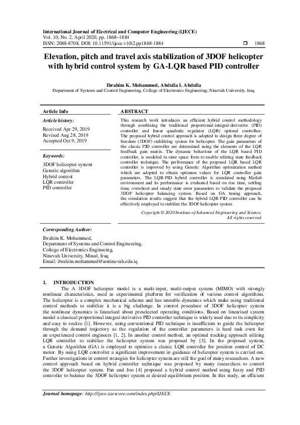 (PDF) Elevation, pitch and travel axis stabilization of 3DOF helicopter ...