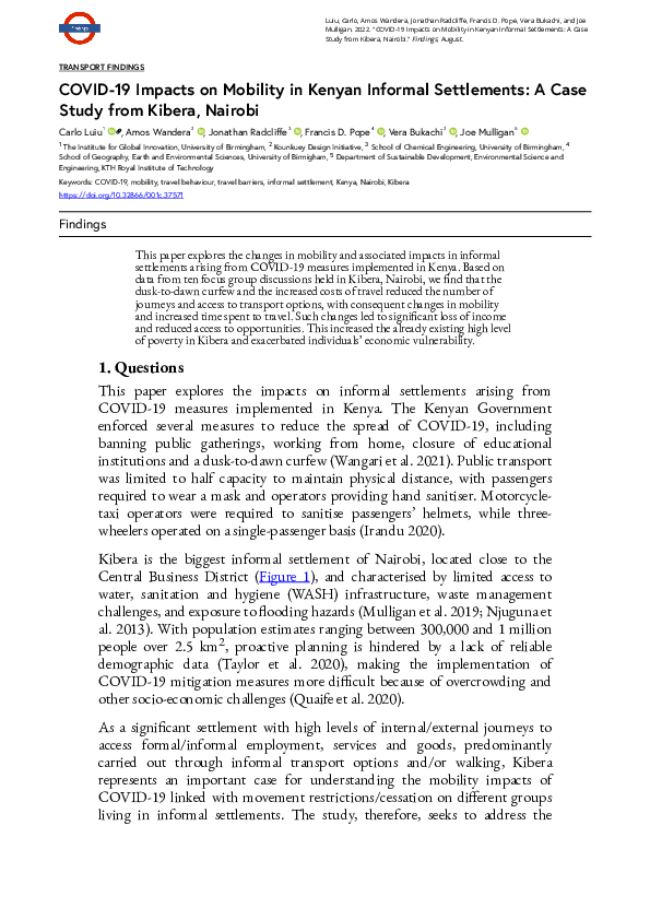 (PDF) COVID-19 Impacts on Mobility in Kenyan Informal Settlements: A Case Study from Kibera, Nairobi