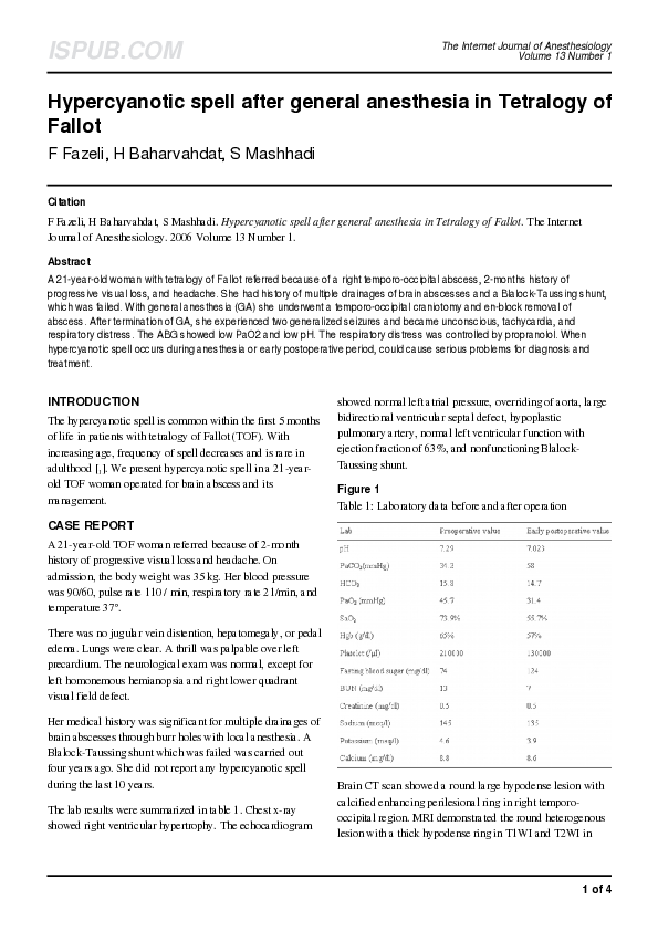 (PDF) Hypercyanotic spell after general anesthesia in Tetralogy of Fallot