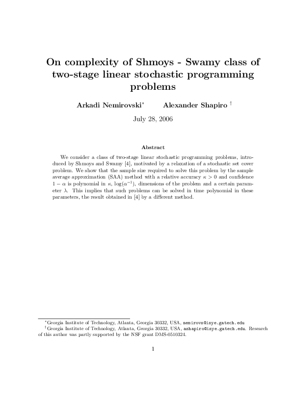Pdf On Complexity Of Shmoys Swamy Class Of Two Stage Linear Stochastic Programming Problems