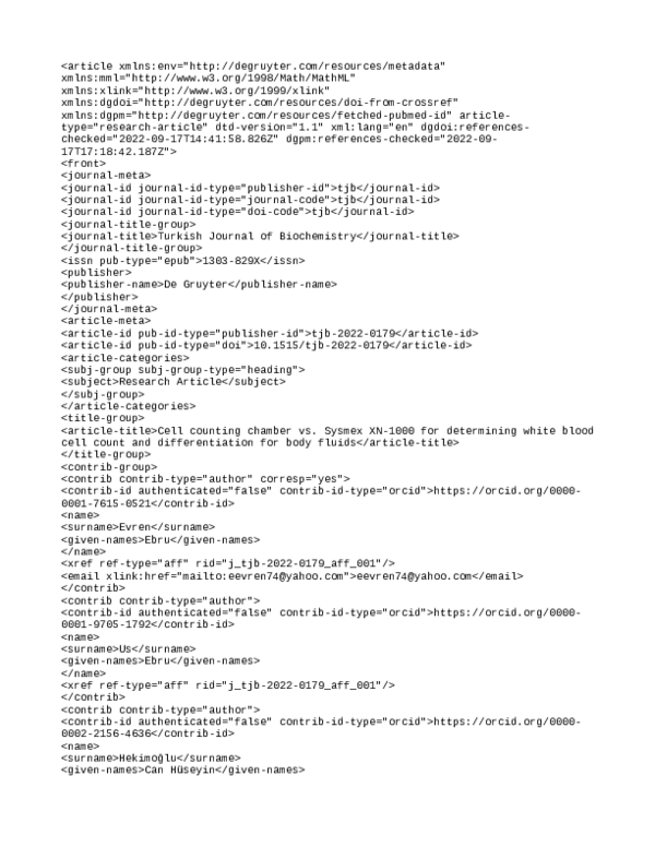 Cell counting chamber vs. Sysmex XN-1000 for determining white blood ...