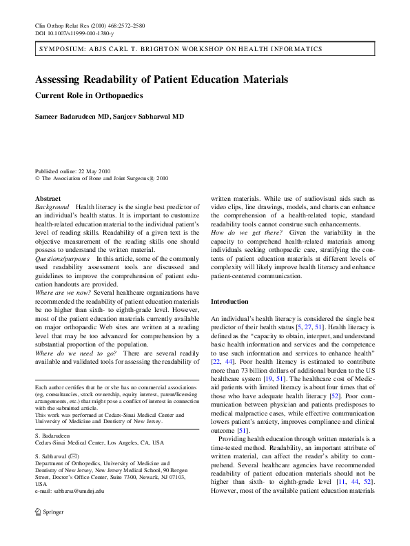 (PDF) Assessing Readability of Patient Education Materials: Current ...
