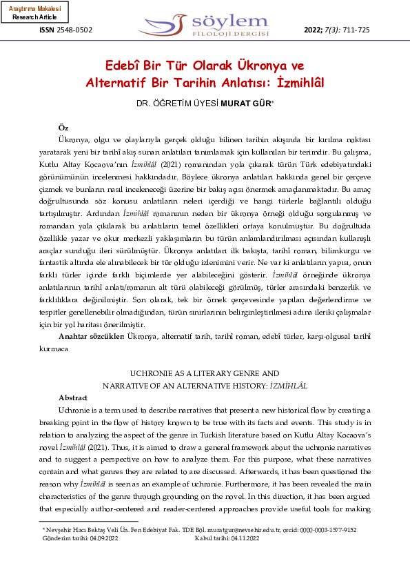 (PDF) Edebî Bir Tür Olarak Ükronya ve Alternatif Bir Tarihin Anlatısı: İzmihlâl
