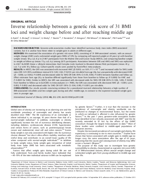 (PDF) Inverse relationship between a genetic risk score of 31 BMI loci ...