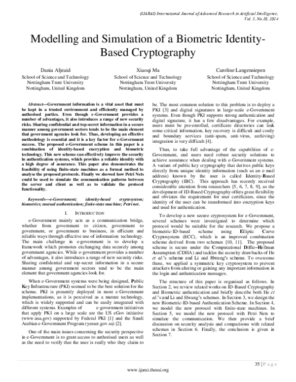 (PDF) Modelling and Simulation of a Biometric Identity-Based Cryptography
