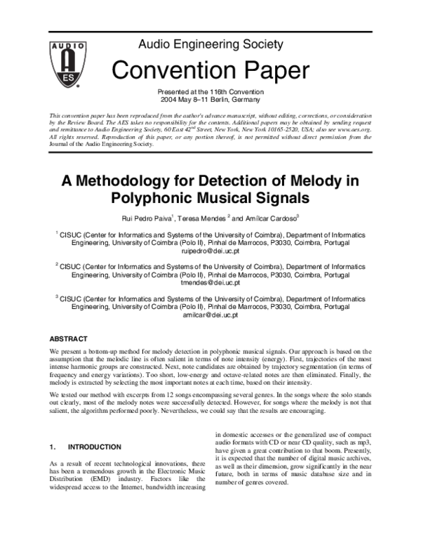 (PDF) A Methodology for Detection of Melody In Polyphonic Musical Signals