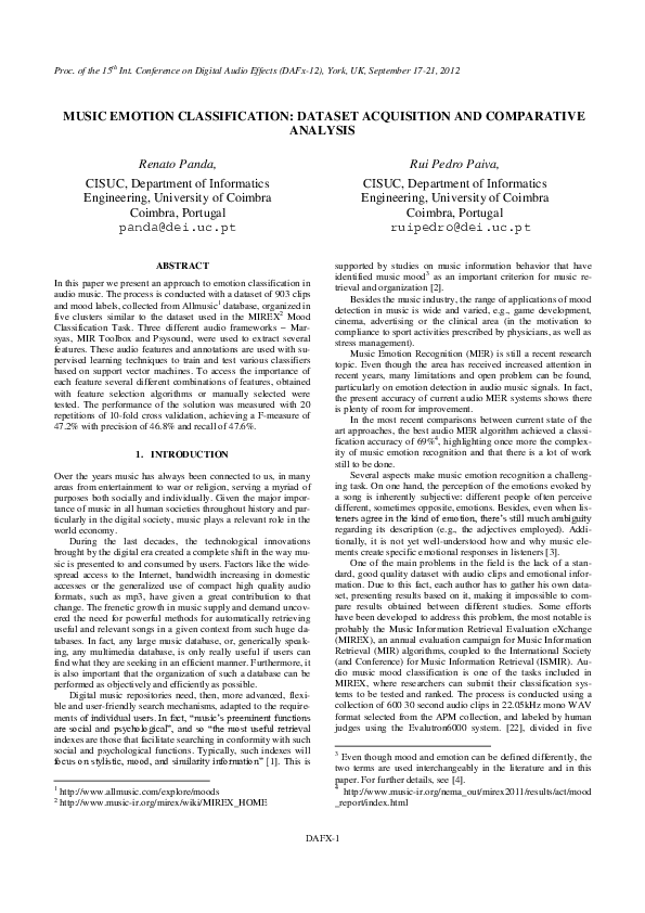 (PDF) Music Emotion Classification: Dataset Acquisition and Comparative Analysis