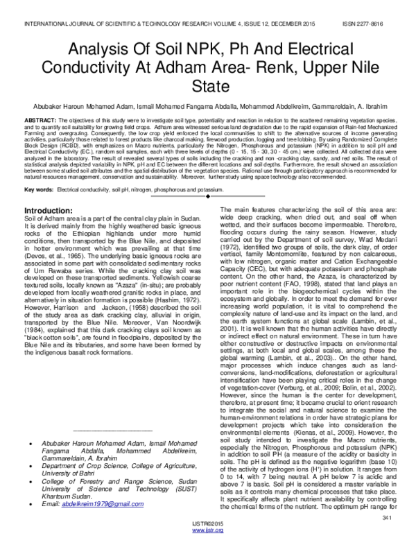 (PDF) Analysis Of Soil NPK, Ph And Electrical Conductivity At Adham ...