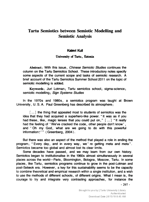 (PDF) Tartu Semiotics between Semiotic Modelling and Semiotic Analysis