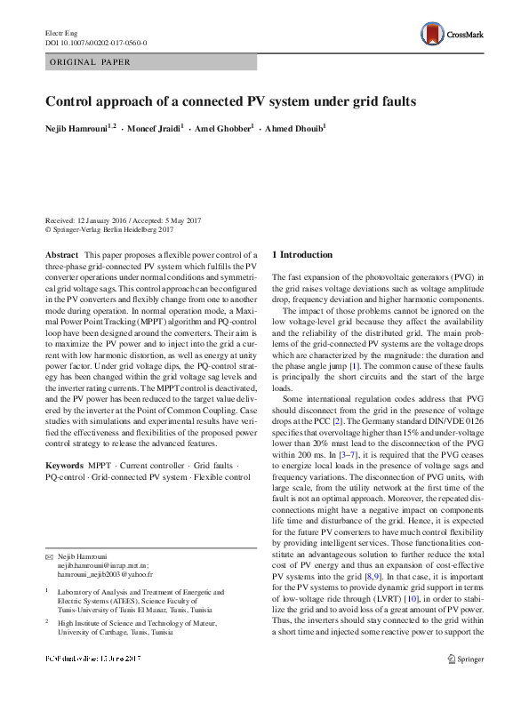 (PDF) Control approach of a connected PV system under grid faults