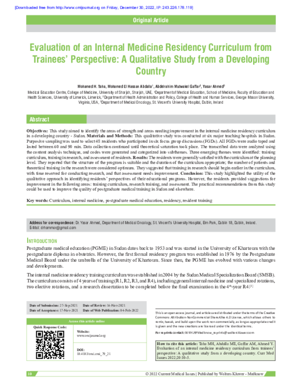 (PDF) Evaluation of an internal medicine residency curriculum from trainees' perspective: A ...