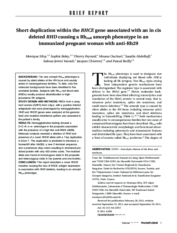 (PDF) Short duplication within the RHCE gene associated with an in cis ...