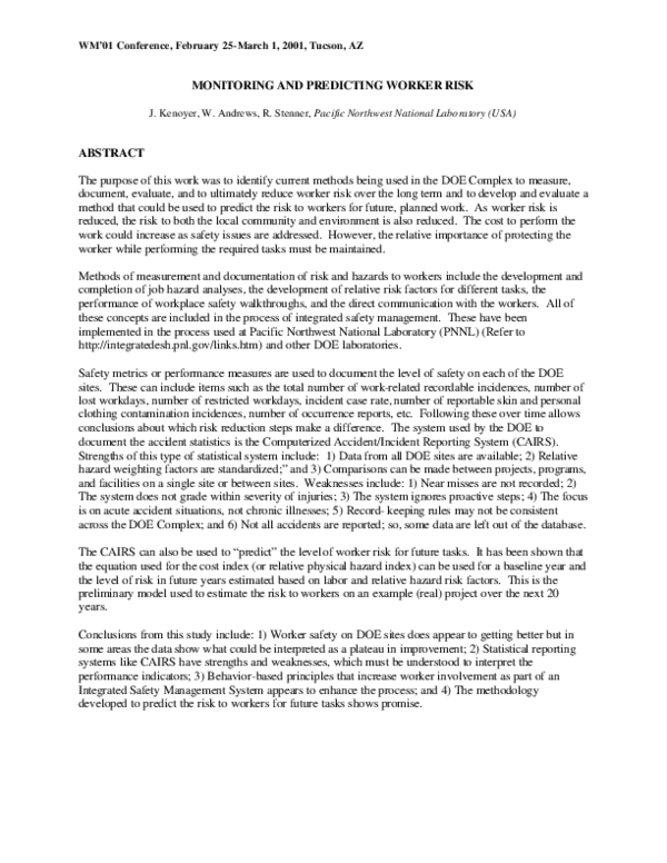 (PDF) Monitoring and Predicting Worker Risk | Judson Kenoyer - Academia.edu
